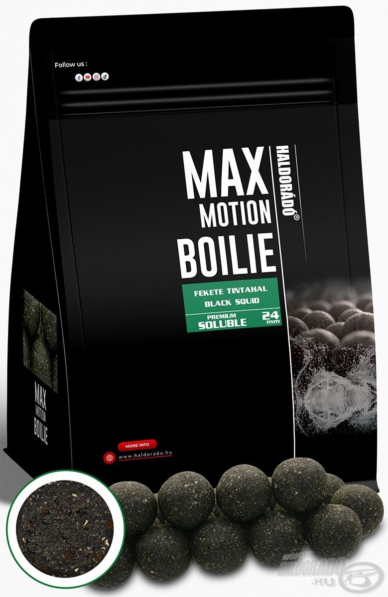 HALDORÁDÓ MAX MOTION Boilie Premium Soluble 24 mm - Fekete Tintahal ...